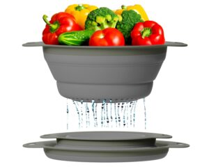 ultimate kitchen strainers set of 2 - collapsible silicone colanders for easy storage by comfify - use with pasta & veggies or as a fruit or berry bowl with strainer - irreplaceable for campers - gray