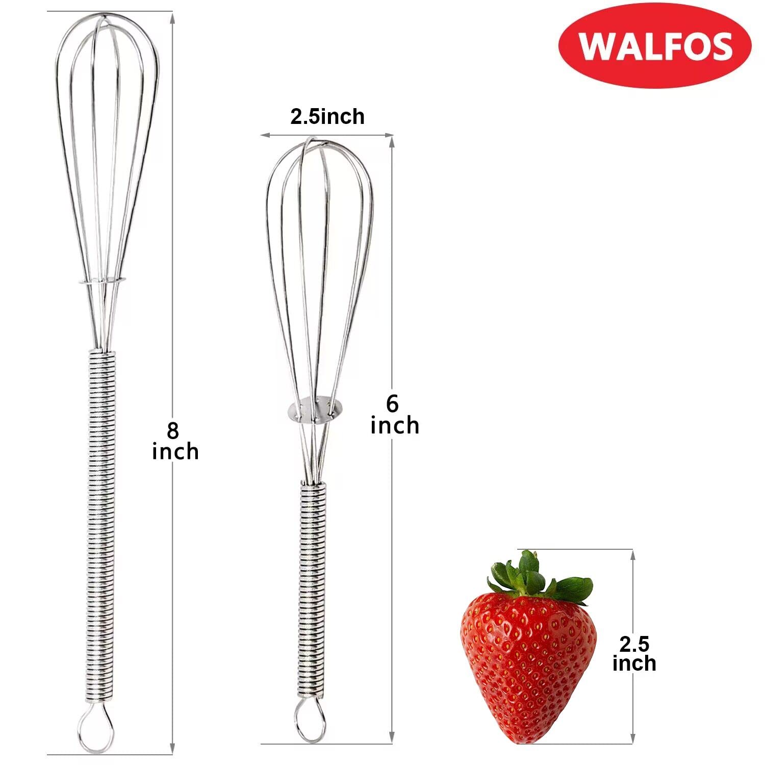 Walfos Mini Whisk,Non-Rust Whisk,304 Stainless steel Small Whisk.Heat Resistant 450℉.6+8Inch Tiny whisk Nice for Whisking, Blending Ingredients, Beating, Mixing Sauces (Silver)