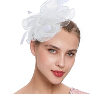 Yokawe Fascinators Hat for Women Tea Party Hats Ribbons Feathers Headband Kentucky Derby Hair Clip for Cocktail Wedding (White)