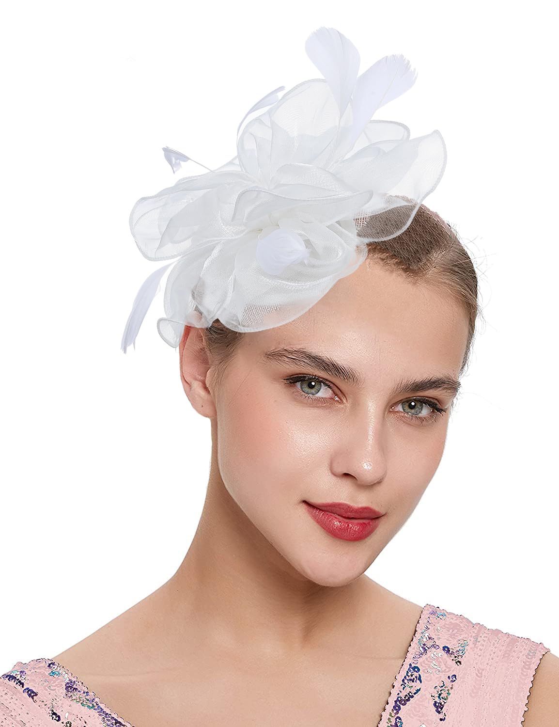 Yokawe Fascinators Hat for Women Tea Party Hats Ribbons Feathers Headband Kentucky Derby Hair Clip for Cocktail Wedding (White)