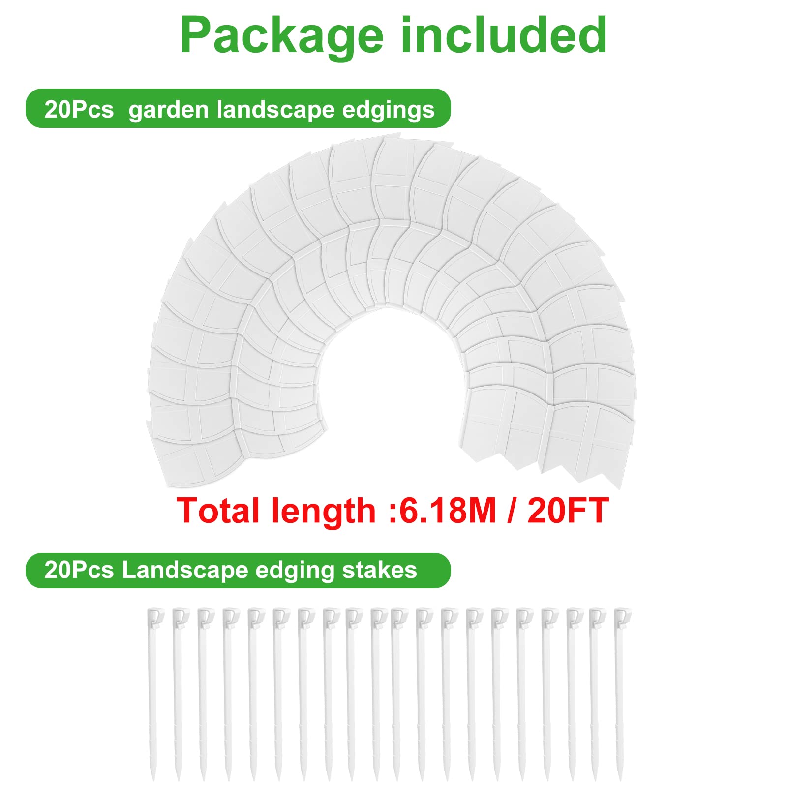 20Pcs Garden Edging Border Landscape Edging Lawn Garden Fence Edgings Decorative Landscape Border 20Ft Length Landscaping Edging with 20 Pcs Stakes for Lawn Garden Flower Bed Yard,Lawn Edging (White)