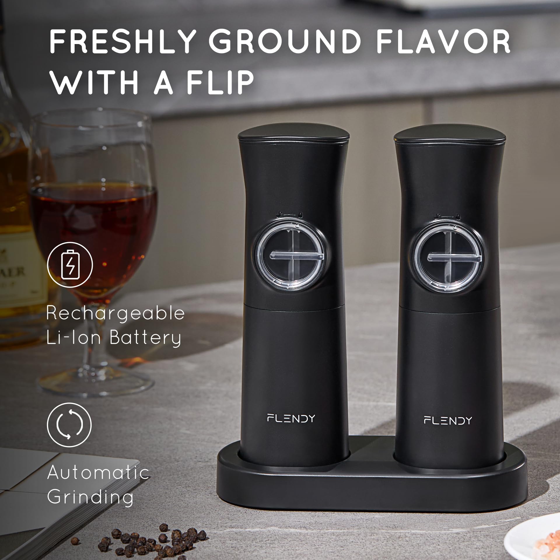 Flendy Gravity Electric Salt and Pepper Grinder Set Rechargeable, Automatic Salt and Pepper Grinder Set with USB C Charging Base, Gravity Salt and Pepper Shakers Set Electric