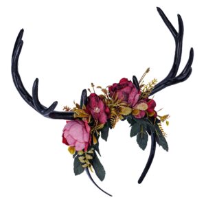 mostory handmade dark antler flower headband fairy floral headpiece black horns hairband medieval woodland crown for renaissance festival cosplay halloween wedding fae ball masquerade