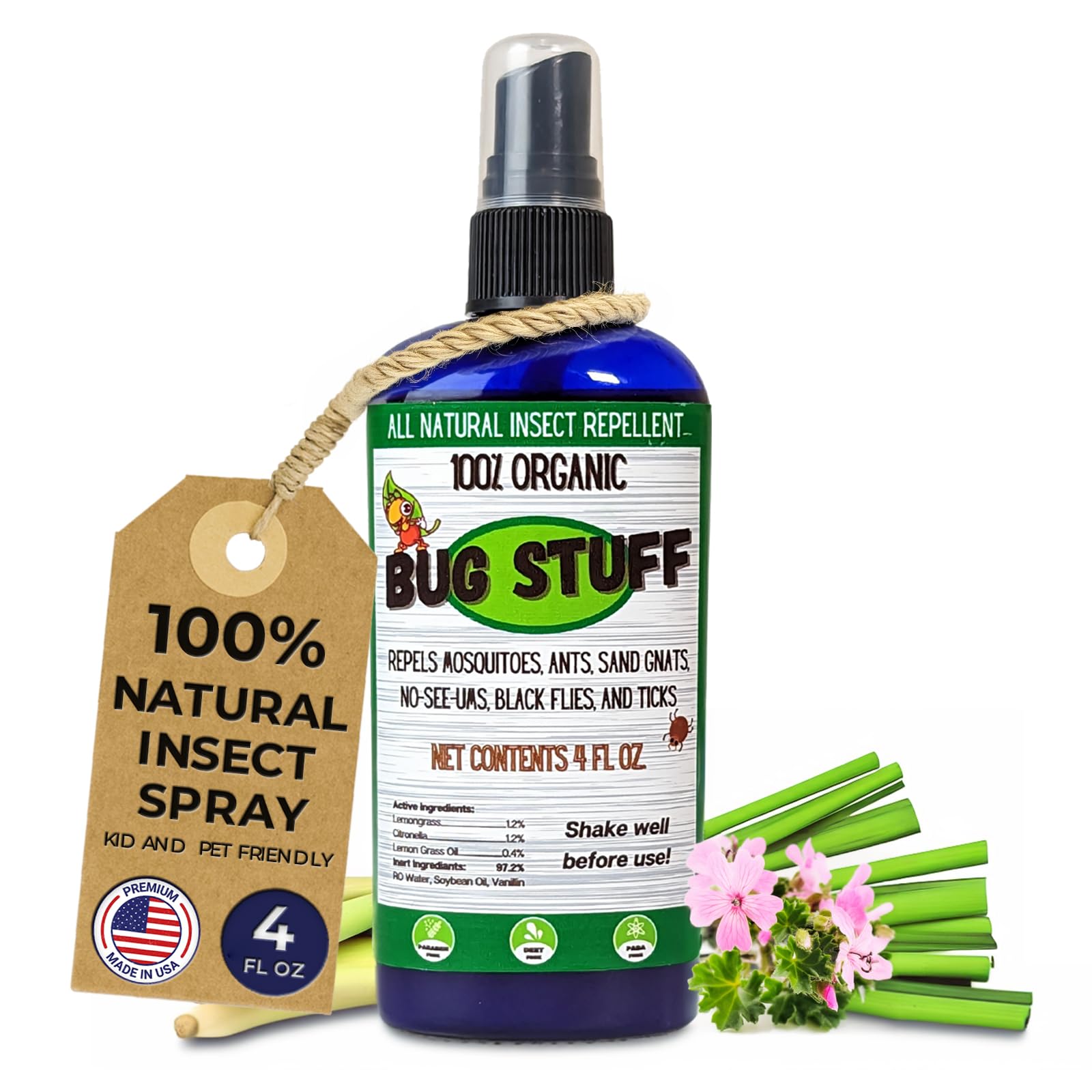 Bug Stuff All Natural Bug Spray | Keeps All Flying & Biting Insects Away | Bug Spray for Children & Pets | Made from 100% Organic Ingredients | 4 FL OZ Spray Bottle