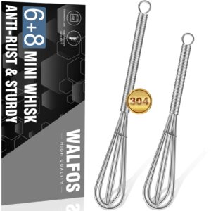 walfos mini whisk,non-rust whisk,304 stainless steel small whisk.heat resistant 450℉.6+8inch tiny whisk nice for whisking, blending ingredients, beating, mixing sauces (silver)