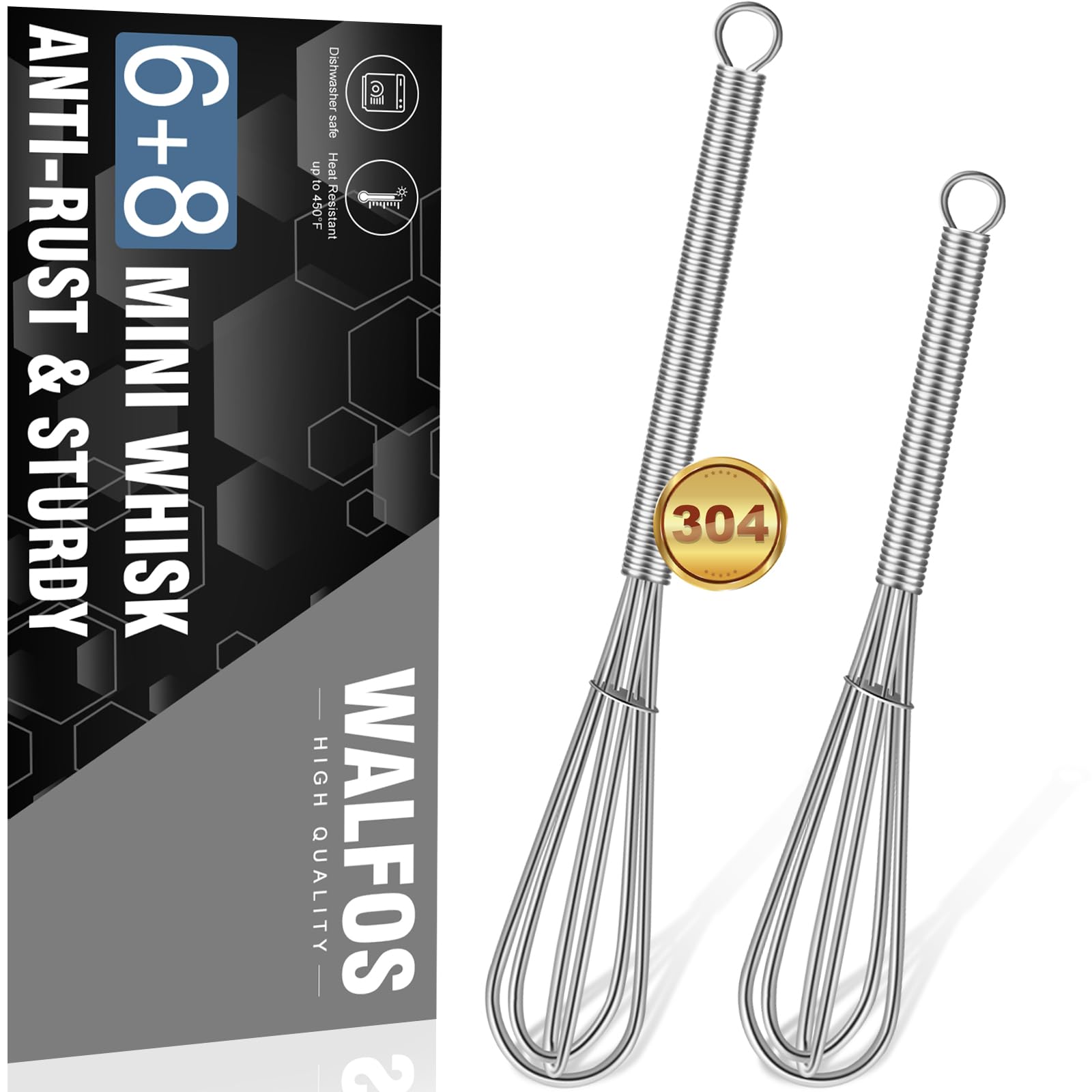 Walfos Mini Whisk,Non-Rust Whisk,304 Stainless steel Small Whisk.Heat Resistant 450℉.6+8Inch Tiny whisk Nice for Whisking, Blending Ingredients, Beating, Mixing Sauces (Silver)