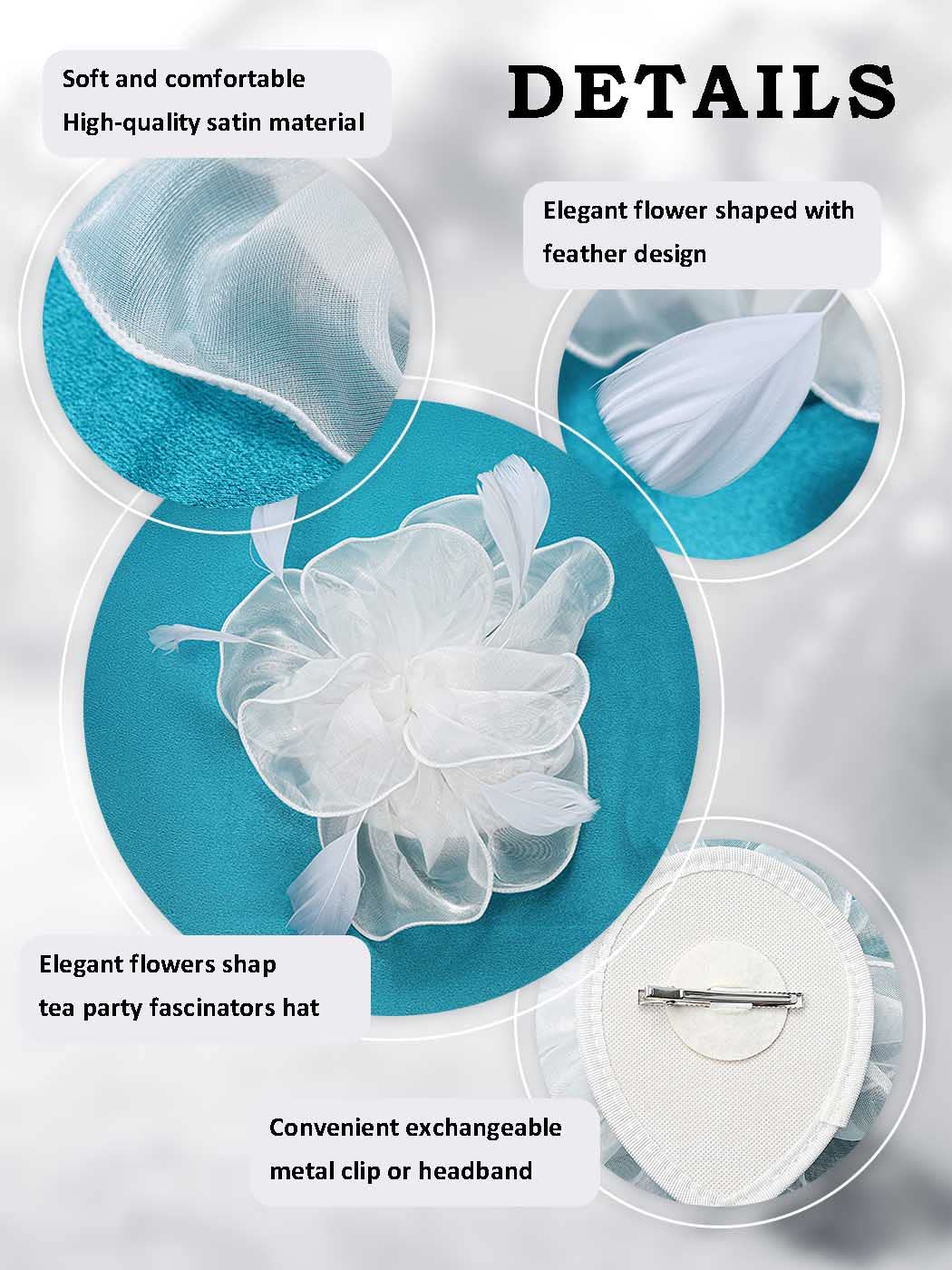 Yokawe Fascinators Hat for Women Tea Party Hats Ribbons Feathers Headband Kentucky Derby Hair Clip for Cocktail Wedding (White)