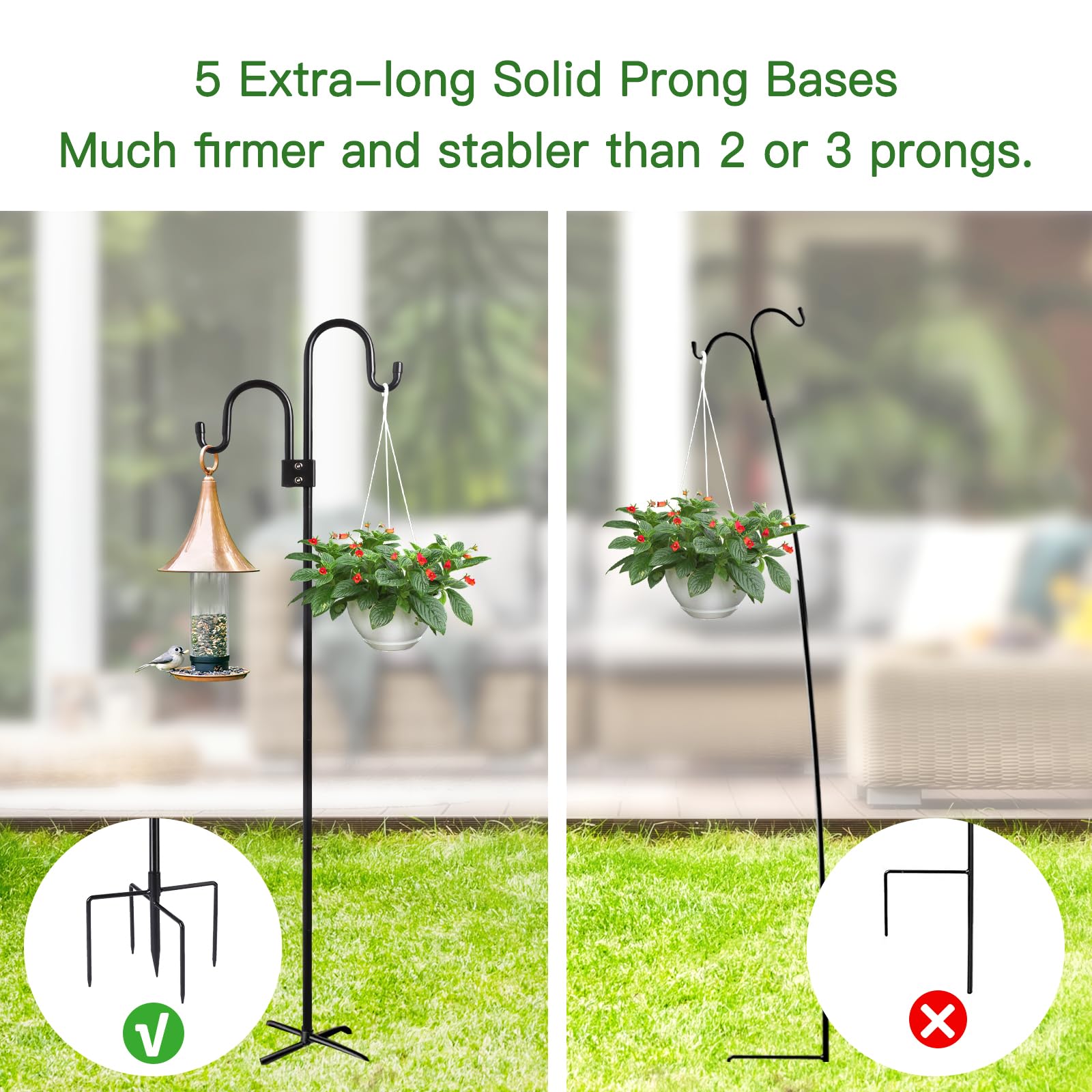 Whonline Double Shepherds Hook,2 Pack,92 Inch,5 Base Prongs Heavy Duty,Two Sided Garden Pole,Hanging Plant Baskets Solar Light Lanterns Garden Plant Hanger Stands