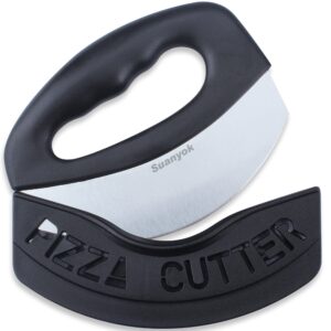 suanyok premium pizza cutter food chopper-super sharp blade stainless steel pizza cutter rocker slicer with protective sheath multi function pizza knife kitchen tools,dishwasher safe (black)