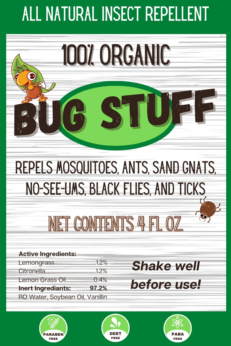 Bug Stuff All Natural Bug Spray | Keeps All Flying & Biting Insects Away | Bug Spray for Children & Pets | Made from 100% Organic Ingredients | 4 FL OZ Spray Bottle