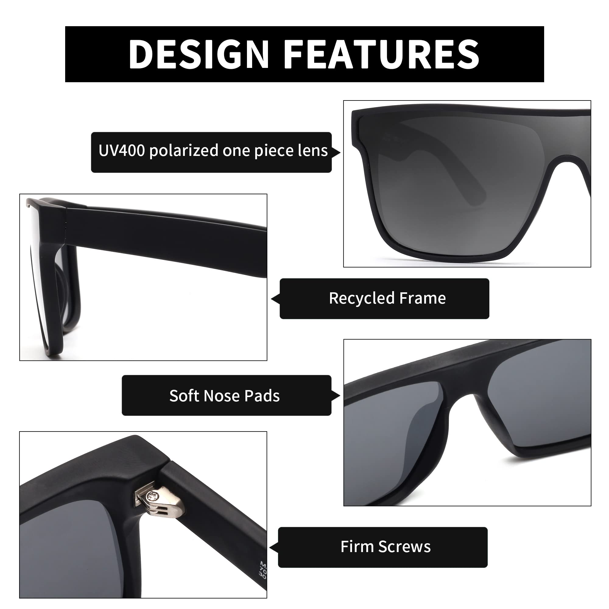 GLINDAR Oversized Square Polarized Sunglasses for Men Women, One Piece Recycled Shield Shades UV400 Protection Black