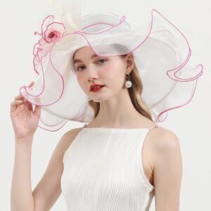 RZTA Women's Kentucky Derby Church Dress Hat Wide Brim Leaf Flower Bridal Shower Hat 01White,Pink