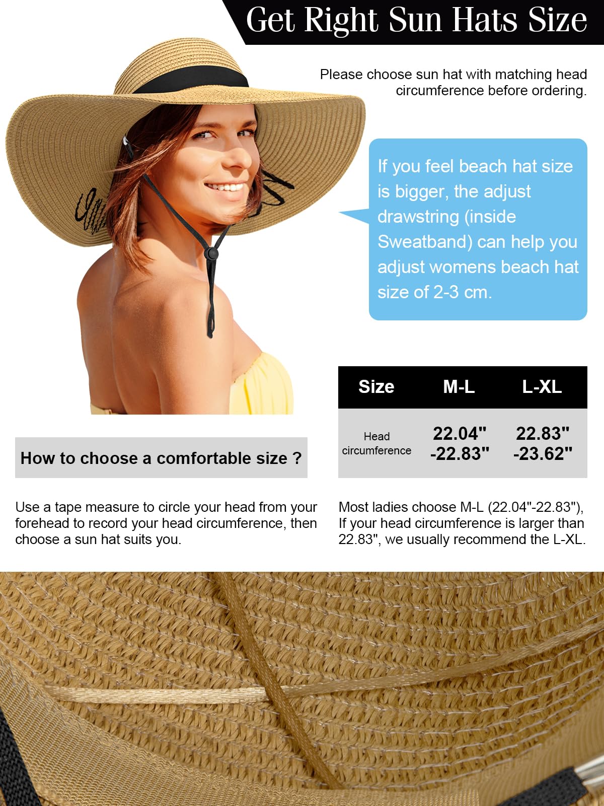 Floppy Beach Hats for Women, Foldable Wide Brim Sun Hat Embroidered Roll up Straw Hat - Vocation, Honeymoon, Travel Khaki