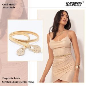 LEACOOLKEY Women Metal Skinny Belt for Dress Gold Elastic Thin Waist Belt Stretch Dress Belt