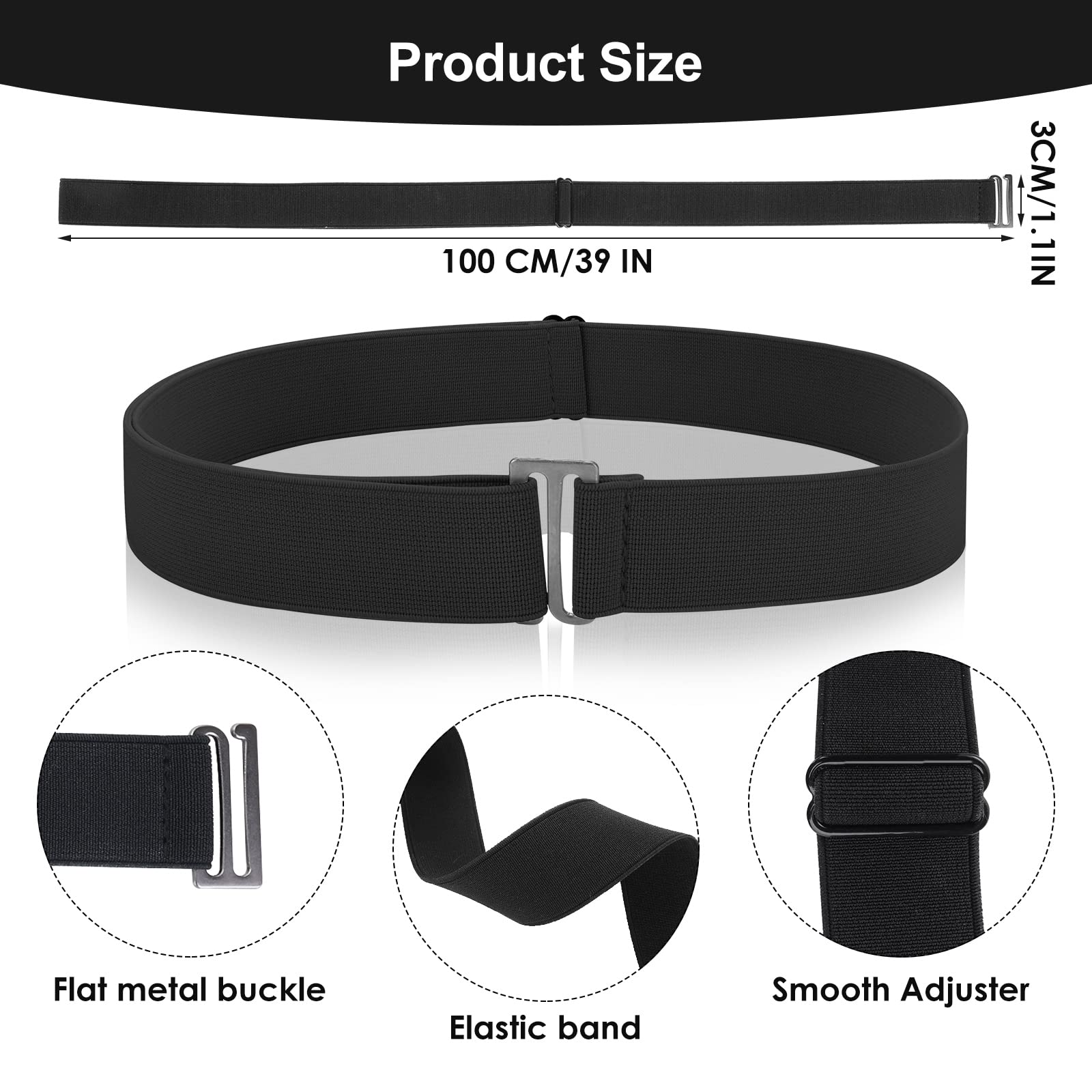 2PCS No Show Stretch Invisible Belt for Women - Flat Buckle Elastic Waist Belt for Jeans, Pants, Dresses