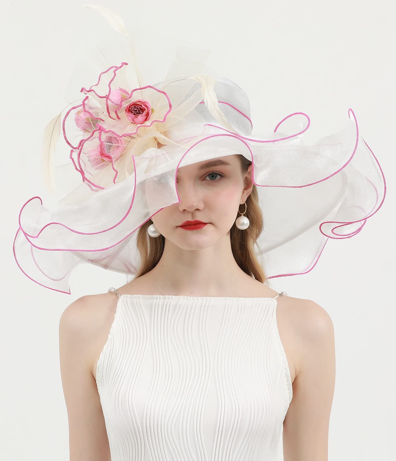 RZTA Women's Kentucky Derby Church Dress Hat Wide Brim Leaf Flower Bridal Shower Hat 01White,Pink