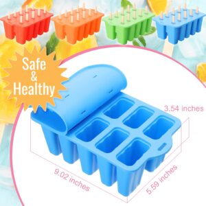 Hoolerry Ice Lolly Molds Set Include 4 Pcs Silicone Frozen Ice Cream Molds and 200 Pcs Ice Candy Maker Sticks for Homemade, Red, Blue, Green, Orange (10 Cavities)