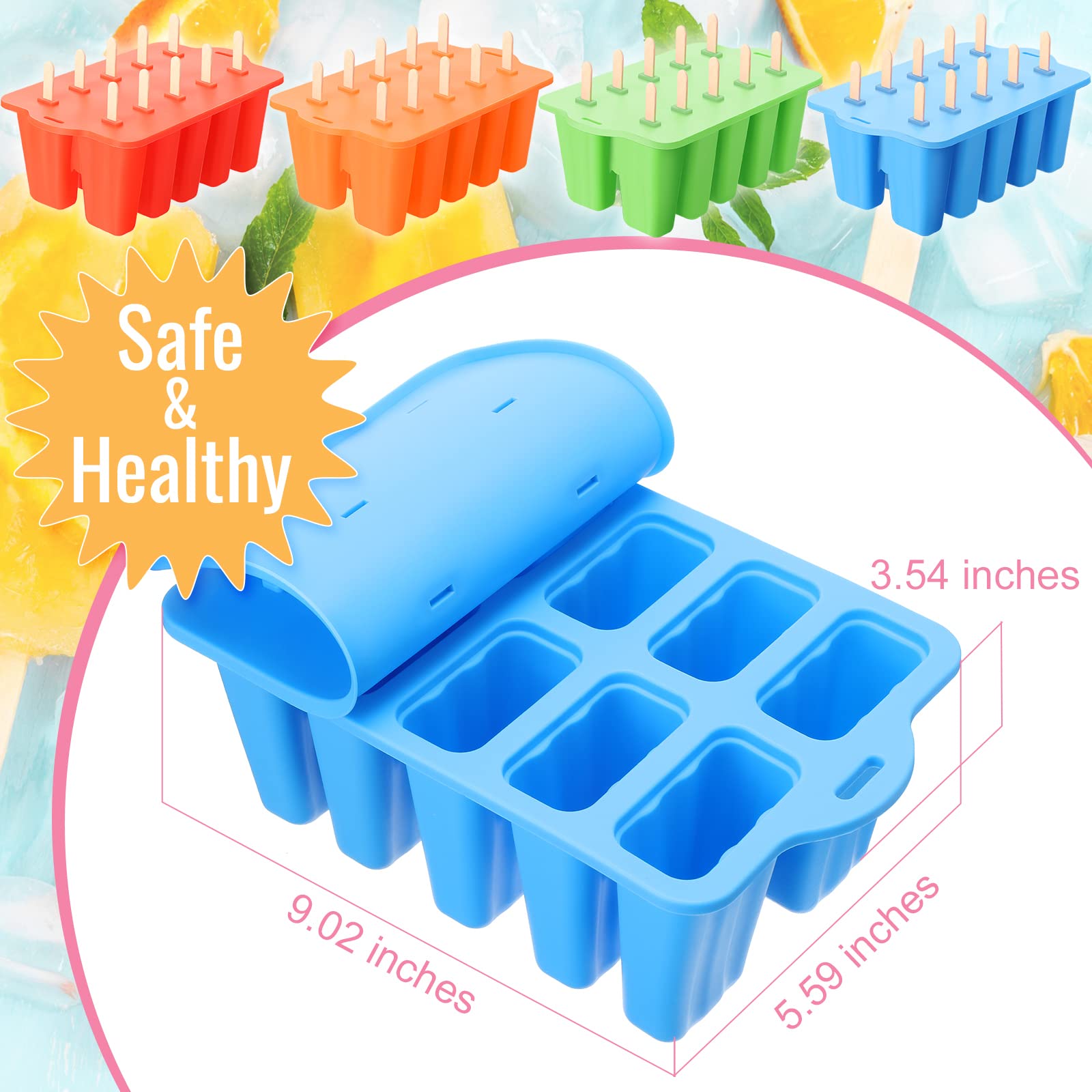 Hoolerry Ice Lolly Molds Set Include 4 Pcs Silicone Frozen Ice Cream Molds and 200 Pcs Ice Candy Maker Sticks for Homemade, Red, Blue, Green, Orange (10 Cavities)