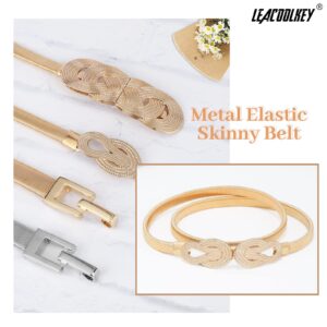 LEACOOLKEY Women Metal Skinny Belt for Dress Gold Elastic Thin Waist Belt Stretch Dress Belt