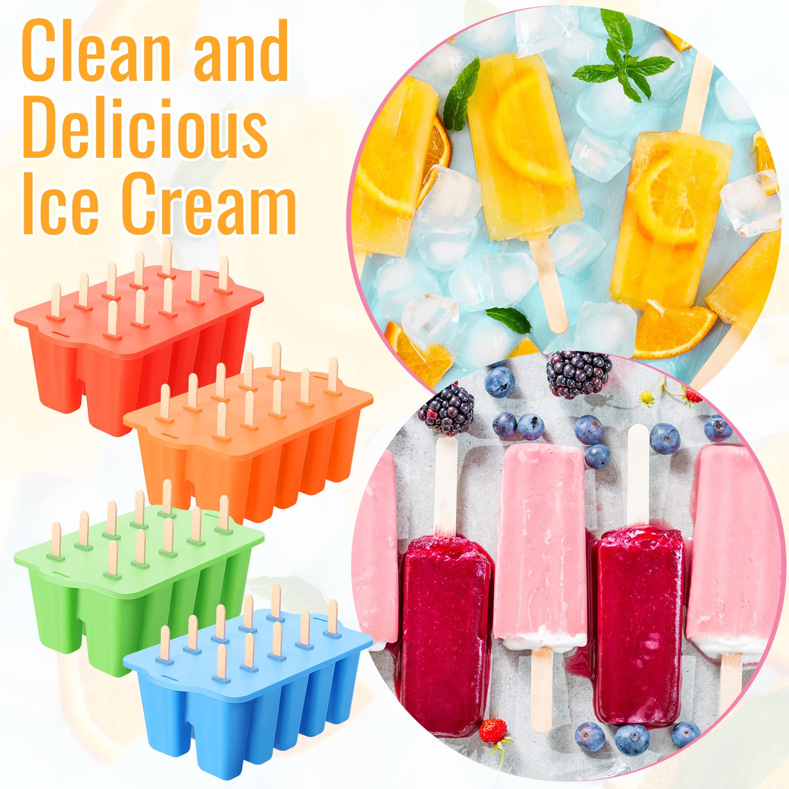 Hoolerry Ice Lolly Molds Set Include 4 Pcs Silicone Frozen Ice Cream Molds and 200 Pcs Ice Candy Maker Sticks for Homemade, Red, Blue, Green, Orange (10 Cavities)