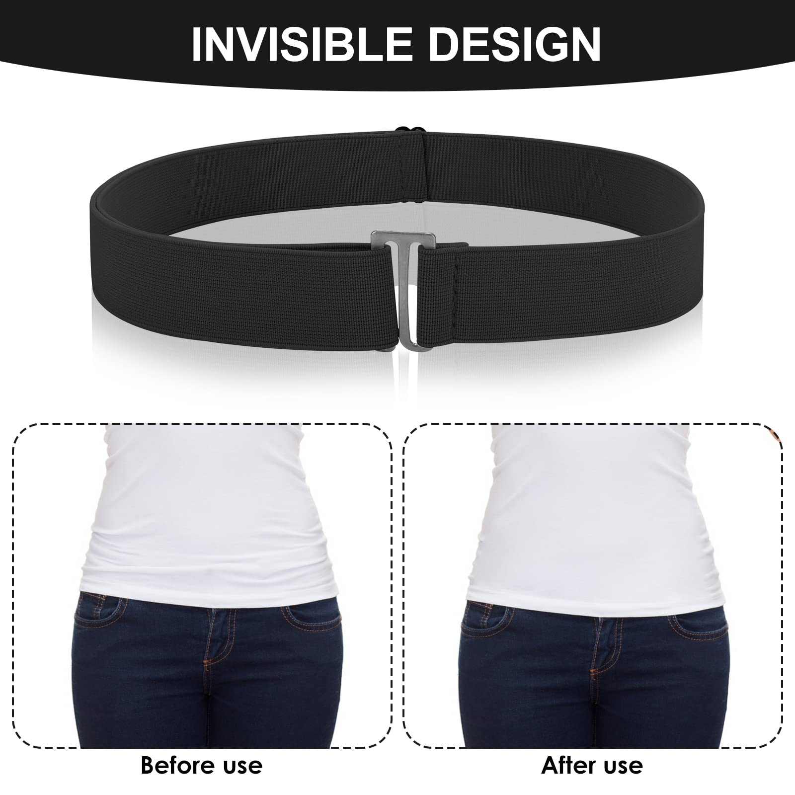 2PCS No Show Stretch Invisible Belt for Women - Flat Buckle Elastic Waist Belt for Jeans, Pants, Dresses