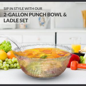 S.G Premium Quality Plastic Punch Bowl with Ladle - 2 Gallon Punch Bowl with Ladle - Embroidered Design 8 Quart large Serving Bowl with 5 oz Plastic Serving Ladle/Spoon for Parties, Holidays, and more