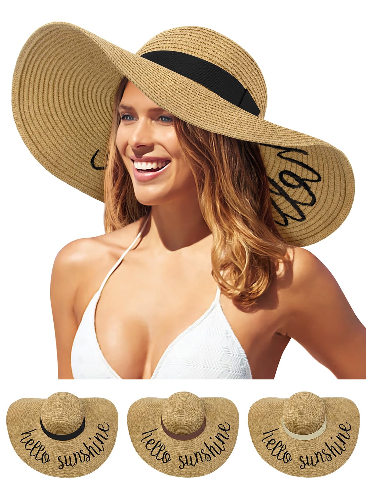 Floppy Beach Hats for Women, Foldable Wide Brim Sun Hat Embroidered Roll up Straw Hat - Vocation, Honeymoon, Travel Khaki