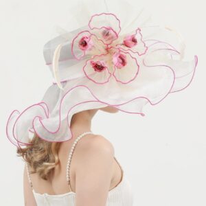 RZTA Women's Kentucky Derby Church Dress Hat Wide Brim Leaf Flower Bridal Shower Hat 01White,Pink