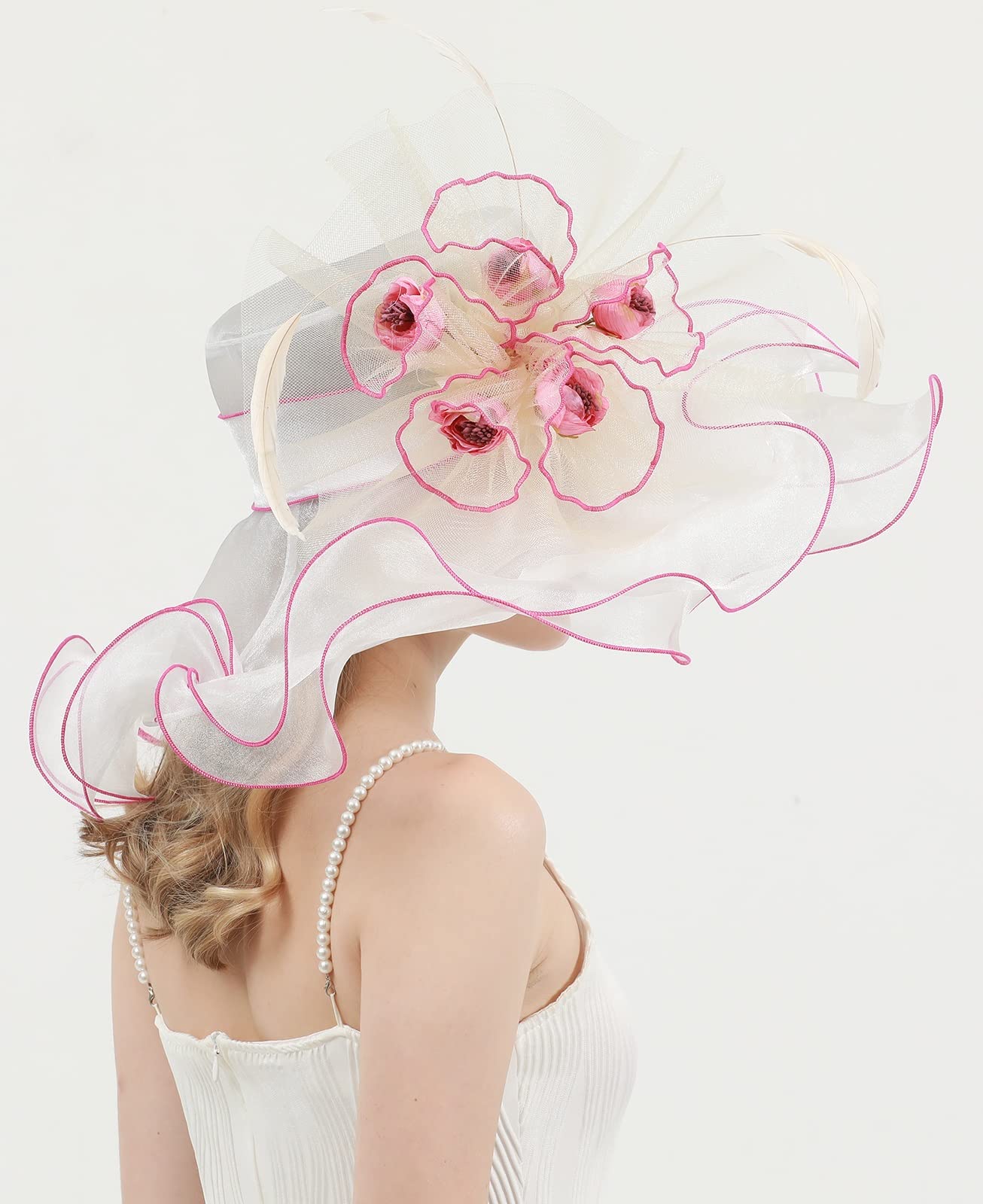 RZTA Women's Kentucky Derby Church Dress Hat Wide Brim Leaf Flower Bridal Shower Hat 01White,Pink