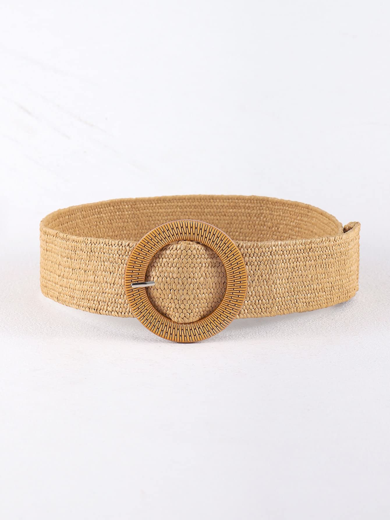 Verdusa Women's Round Buckle Elastic Straw Belts Boho Waist Belt Yellow Brown 80