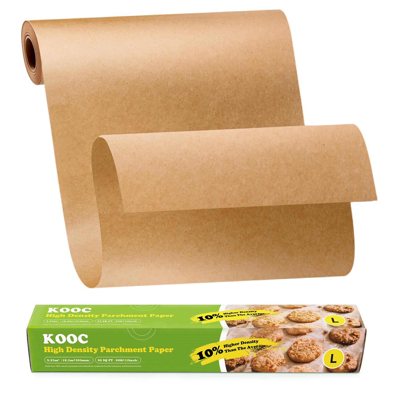 KOOC Premium 60-Feet Parchment Paper Roll - 12-Inch Width, Non-Stick, Unbleached Baking Paper - Ideal for Baking, Cooking, and Food Preparation - 60 Square Feet Coverage - Compostable, High Density