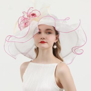 RZTA Women's Kentucky Derby Church Dress Hat Wide Brim Leaf Flower Bridal Shower Hat 01White,Pink