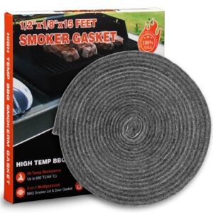 smoker gasket seals 15 ft, 1/2" x 1/8" high temp grill gasket replacement self stick felt, high heat bbq gasket tape smoker chef for smokers bbq lid black