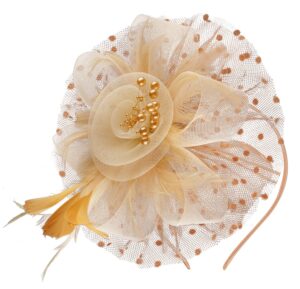 cizoe kentucky derby fascinators for women high tea party hat wedding cocktail flower headware with mesh and feathers(gold&beige)