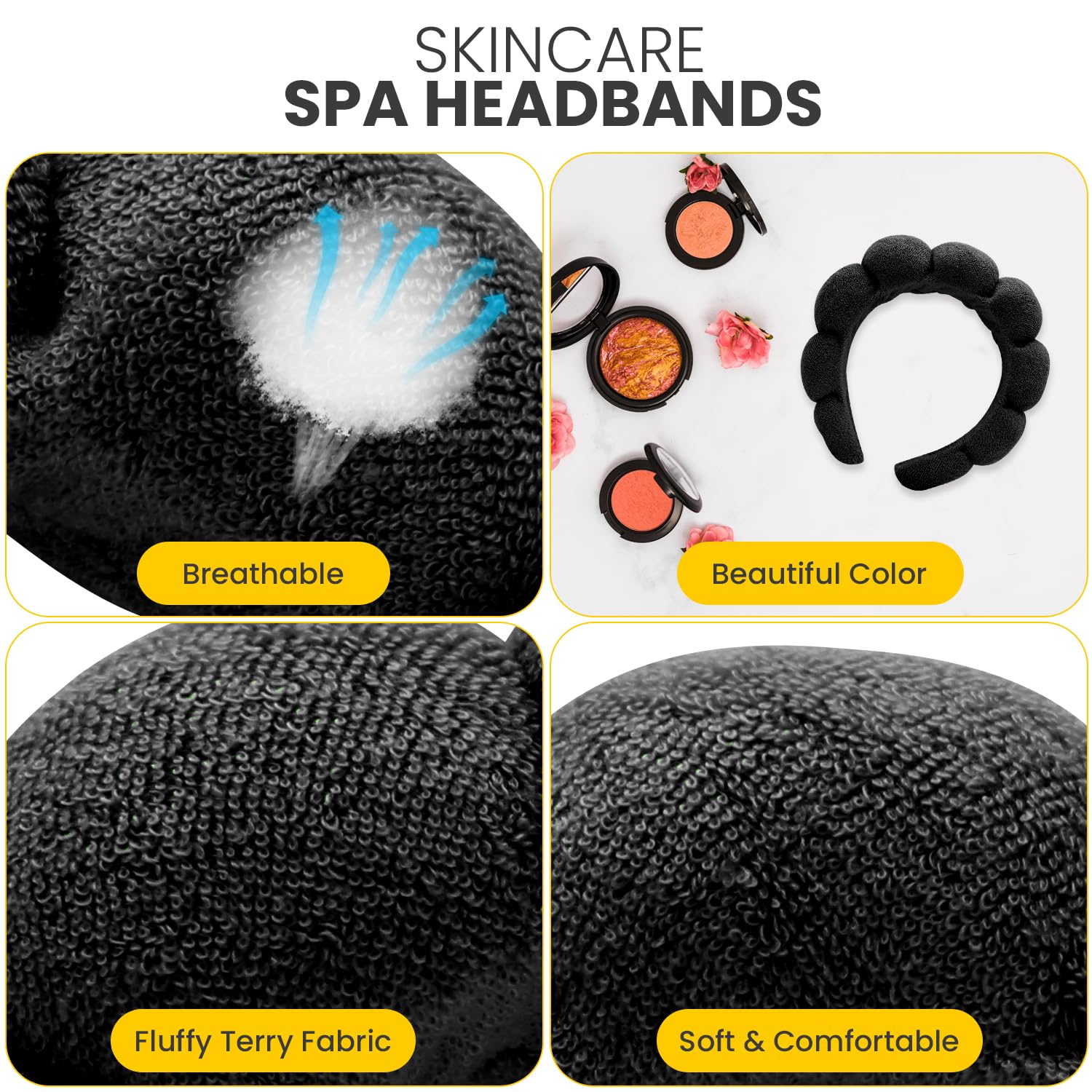 Spa Headband for Washing Face, Makeup, Facial and Skincare. Bubble Skin Care Head Band. Puffy Terry Cloth, Non Slip Get Ready Hairband for Women, Teens, Girls. Cute Hair Accessories.