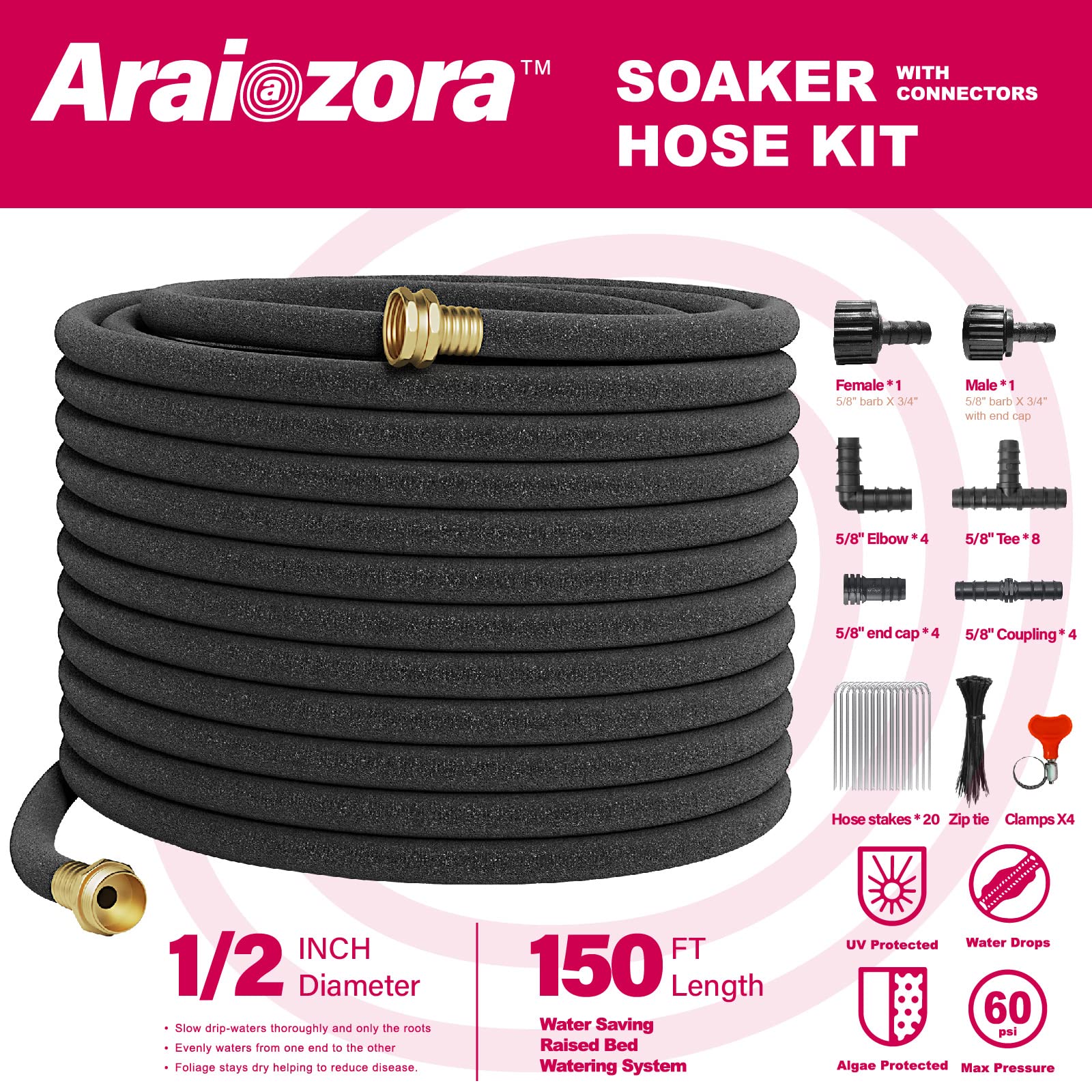 Soaker Hose 150 FT For Garden Beds,Heavy Duty Solid Brass Connector 1/2“ Ruber Drip Irrigation Kit with Hose Stakes&Connector Set for Flower Bed&Yard,Landscaping