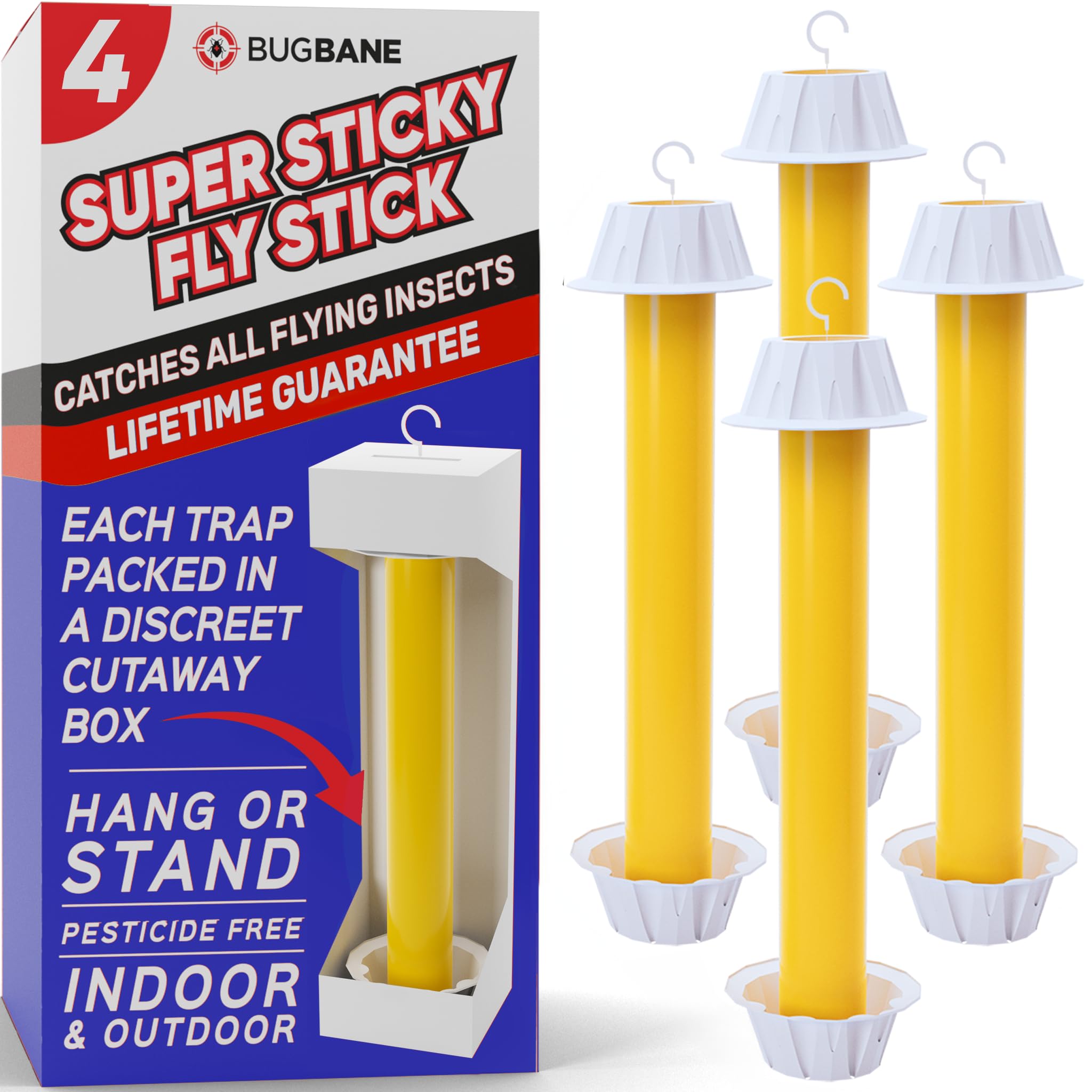 Fly Stick Sticky Fly Traps for Indoors and Outdoor 4pk. Non-Toxic Bait Free. Trap All Flies. Sticky Fly Traps for Indoors Outdoor Fly Catchers for Inside Home Bug Sticky Traps for Bugs Fly Sticky Trap