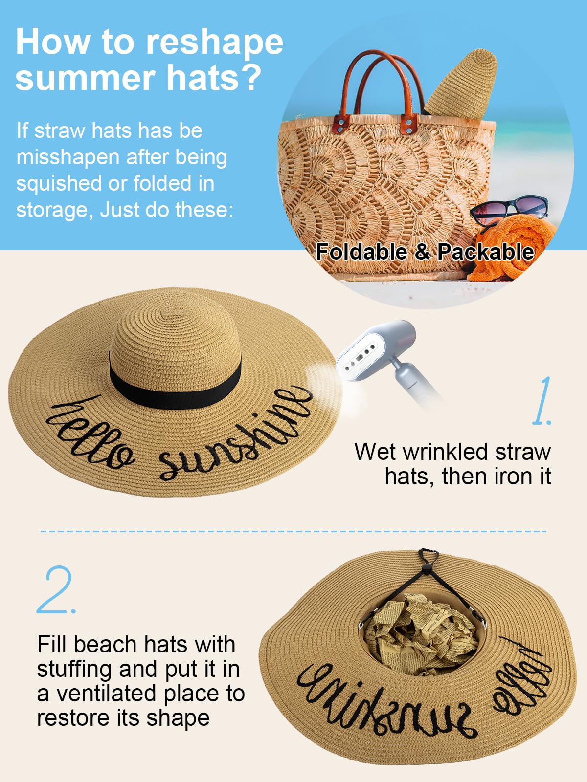 Floppy Beach Hats for Women, Foldable Wide Brim Sun Hat Embroidered Roll up Straw Hat - Vocation, Honeymoon, Travel Khaki