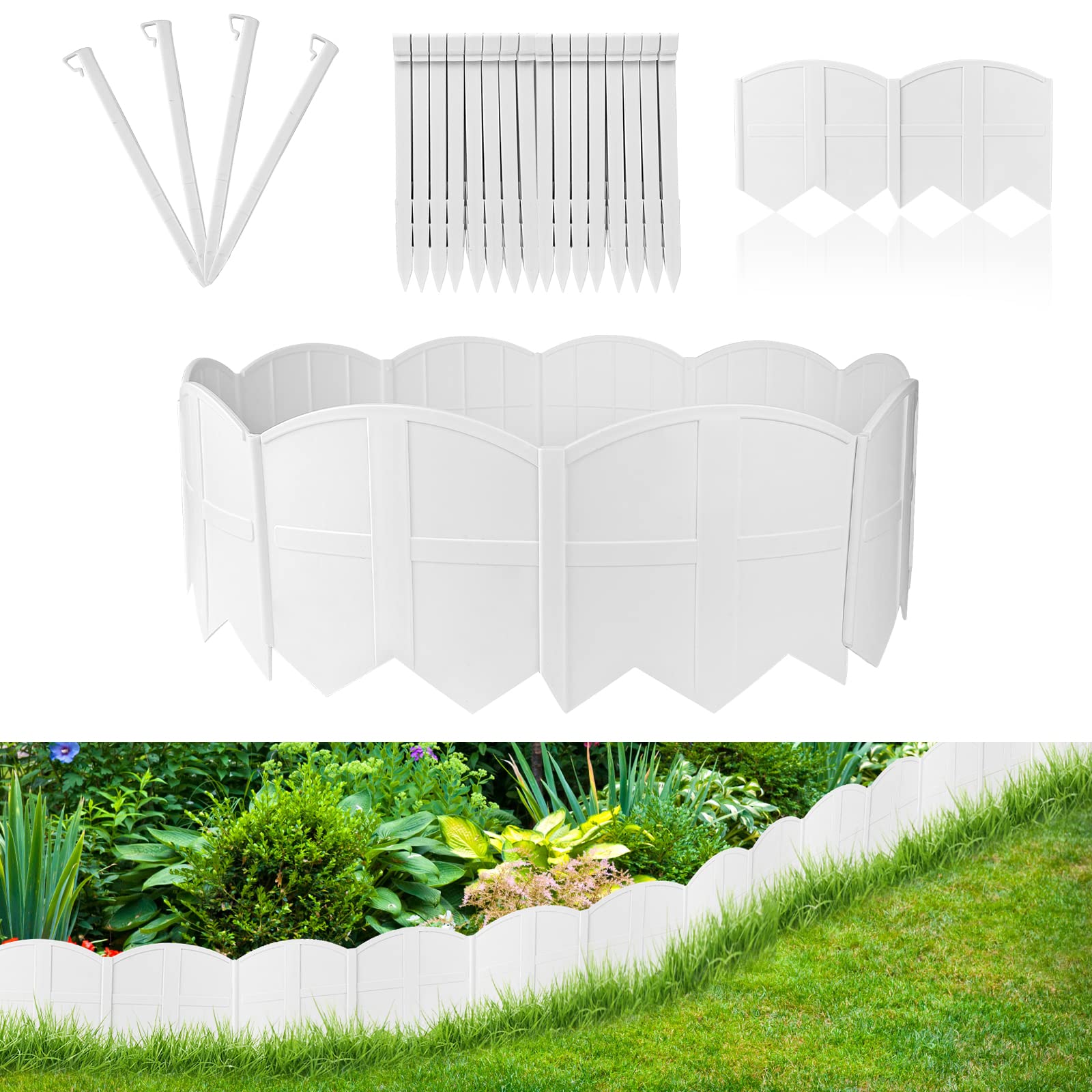 20Pcs Garden Edging Border Landscape Edging Lawn Garden Fence Edgings Decorative Landscape Border 20Ft Length Landscaping Edging with 20 Pcs Stakes for Lawn Garden Flower Bed Yard,Lawn Edging (White)