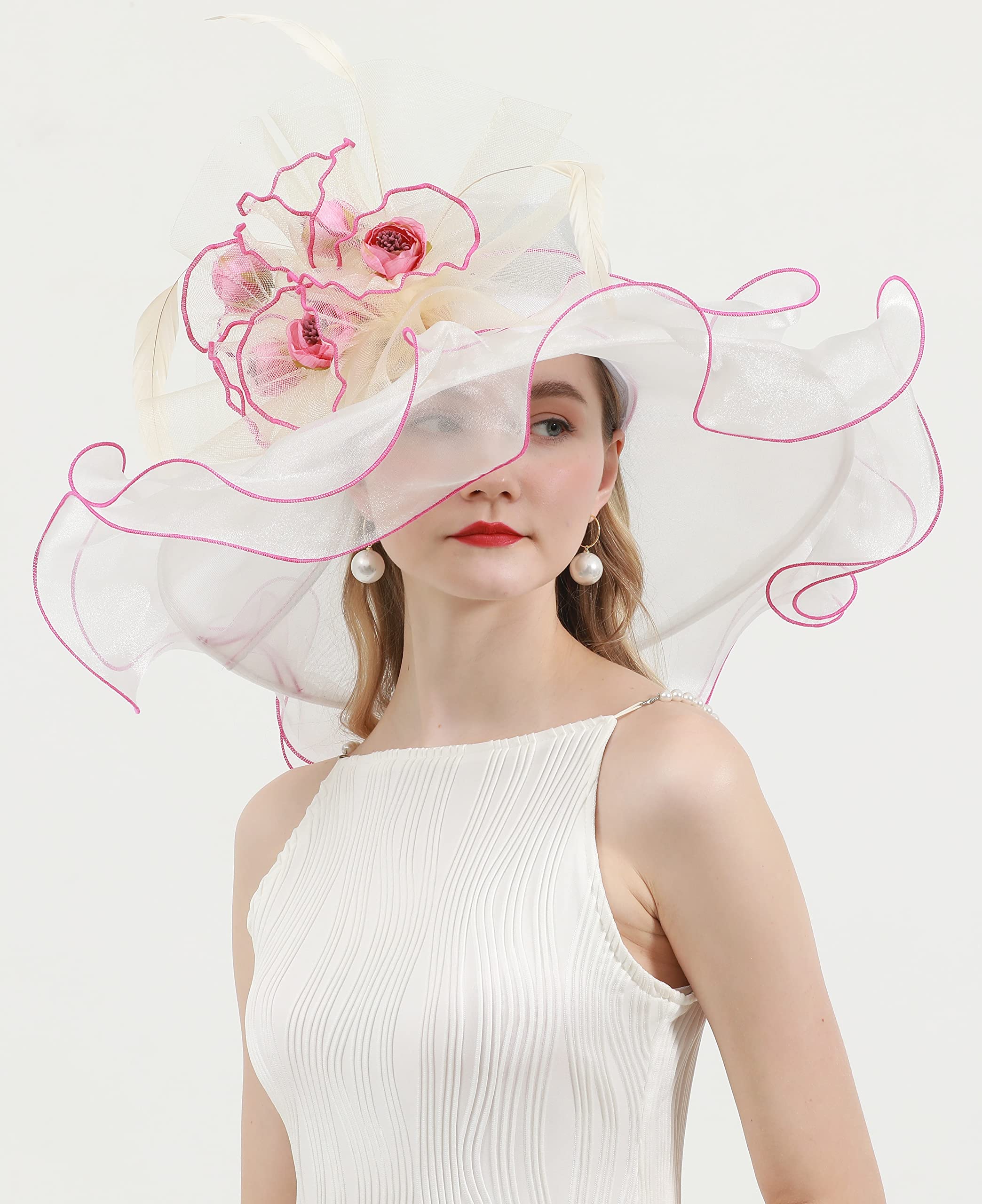 RZTA Women's Kentucky Derby Church Dress Hat Wide Brim Leaf Flower Bridal Shower Hat 01White,Pink