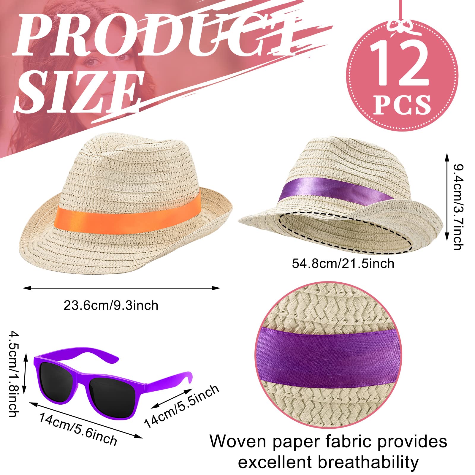 Newcotte 24 Pcs Party Hats, Straw Hats, Fedoraa Hat Bulk, Havana Cubans Party Hats with Sunglass Hawaiian, Birthday Party Supplies