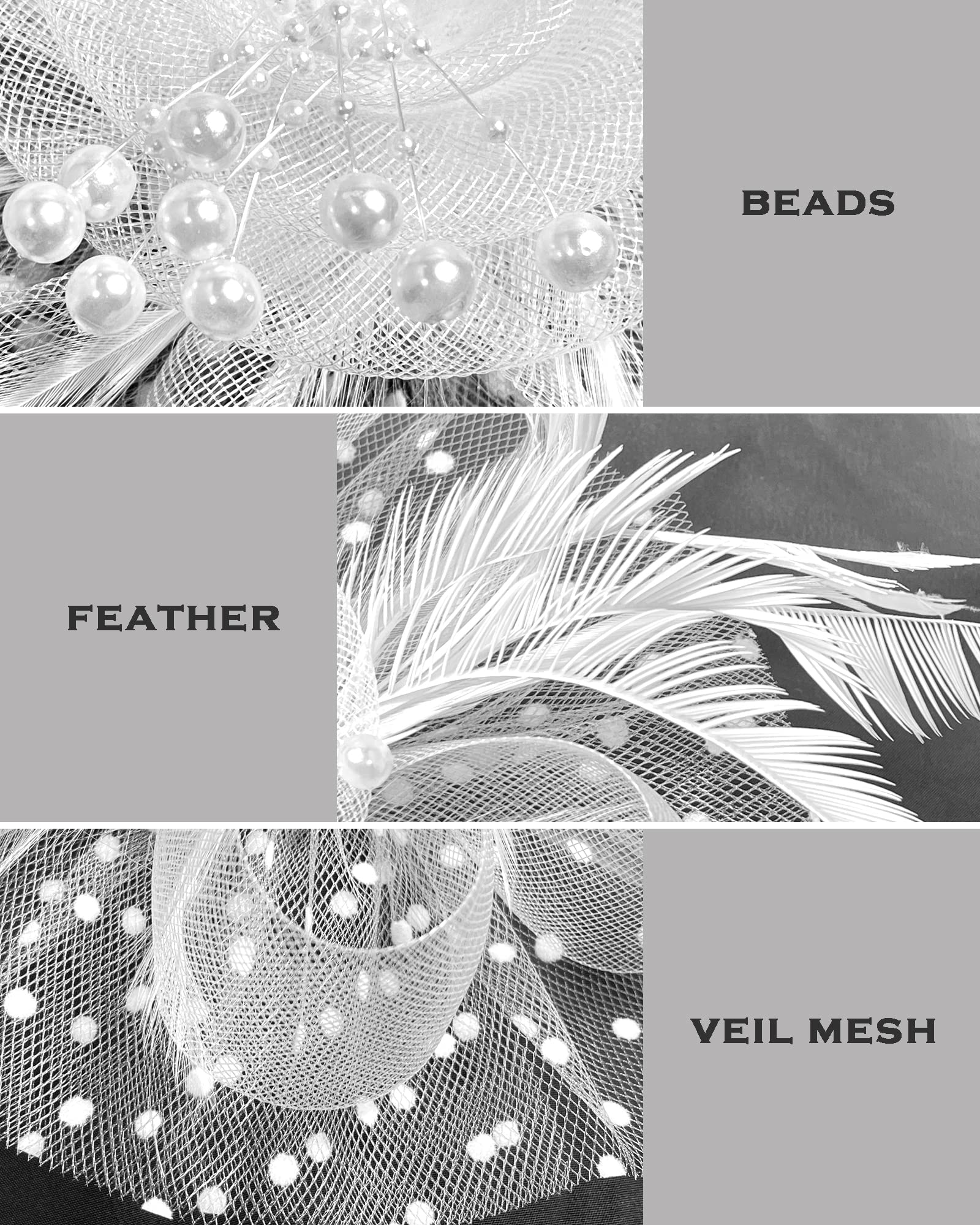 Bniksok 5 Pack White Fascinators Hat for Women Tea Party Veil Mesh Headband Feather Derby Hat Lace Gloves Pearl Jewelry Set for 1920s Party