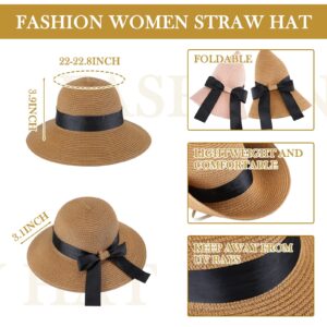 Pasimy 6 Pcs Straw Hat for Women UPF 50+ Summer Floppy Hat Woven Beach Hat Foldable Bucket Hat with Bowknot for Women(Mixed Colors,Bowknot Style)