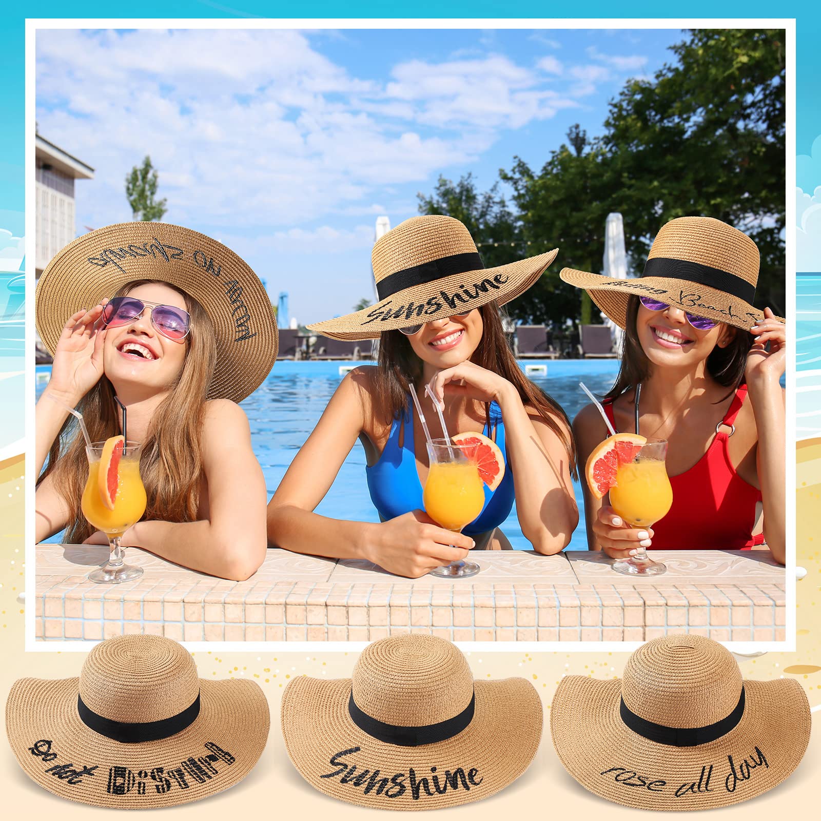 Sureio 6 Pcs Beach Hat for Women Summer Floppy Hat Embroidered Foldable Sun Hat Large Brim Adjustable Straw Hats for Women Vocation Travel