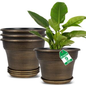 plant planters pots set of 4 pack 9 inch, plastic flower pot for indoor plants with drainage holes & trays, resin decorative container sets with saucer for house outdoor garden planters dark gold