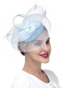 zivyes light blue tea party hat feather fascinators for women kentucky derby hats wedding church pillbox hat