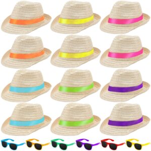 newcotte 24 pcs party hats, straw hats, fedoraa hat bulk, havana cubans party hats with sunglass hawaiian, birthday party supplies