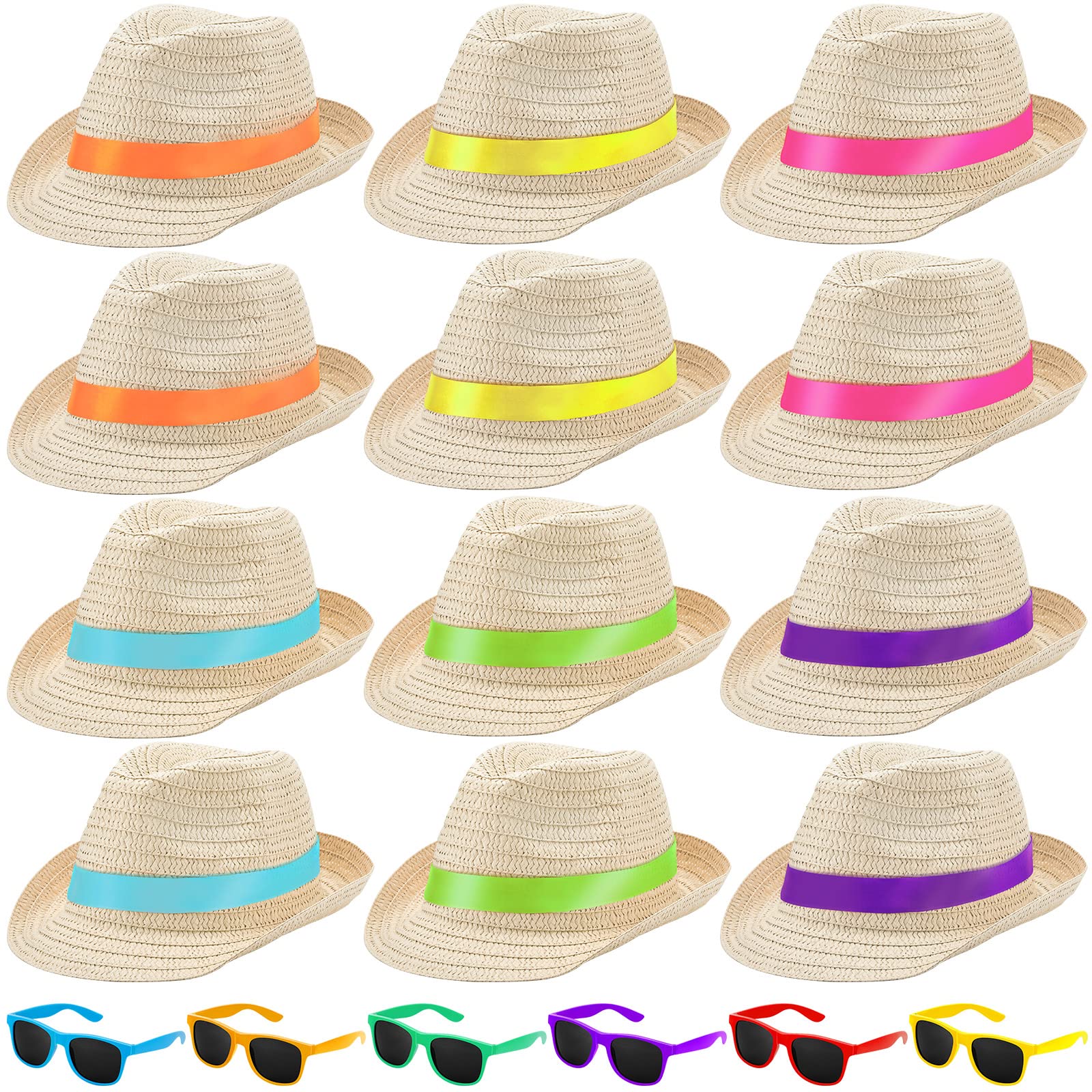 Newcotte 24 Pcs Party Hats, Straw Hats, Fedoraa Hat Bulk, Havana Cubans Party Hats with Sunglass Hawaiian, Birthday Party Supplies