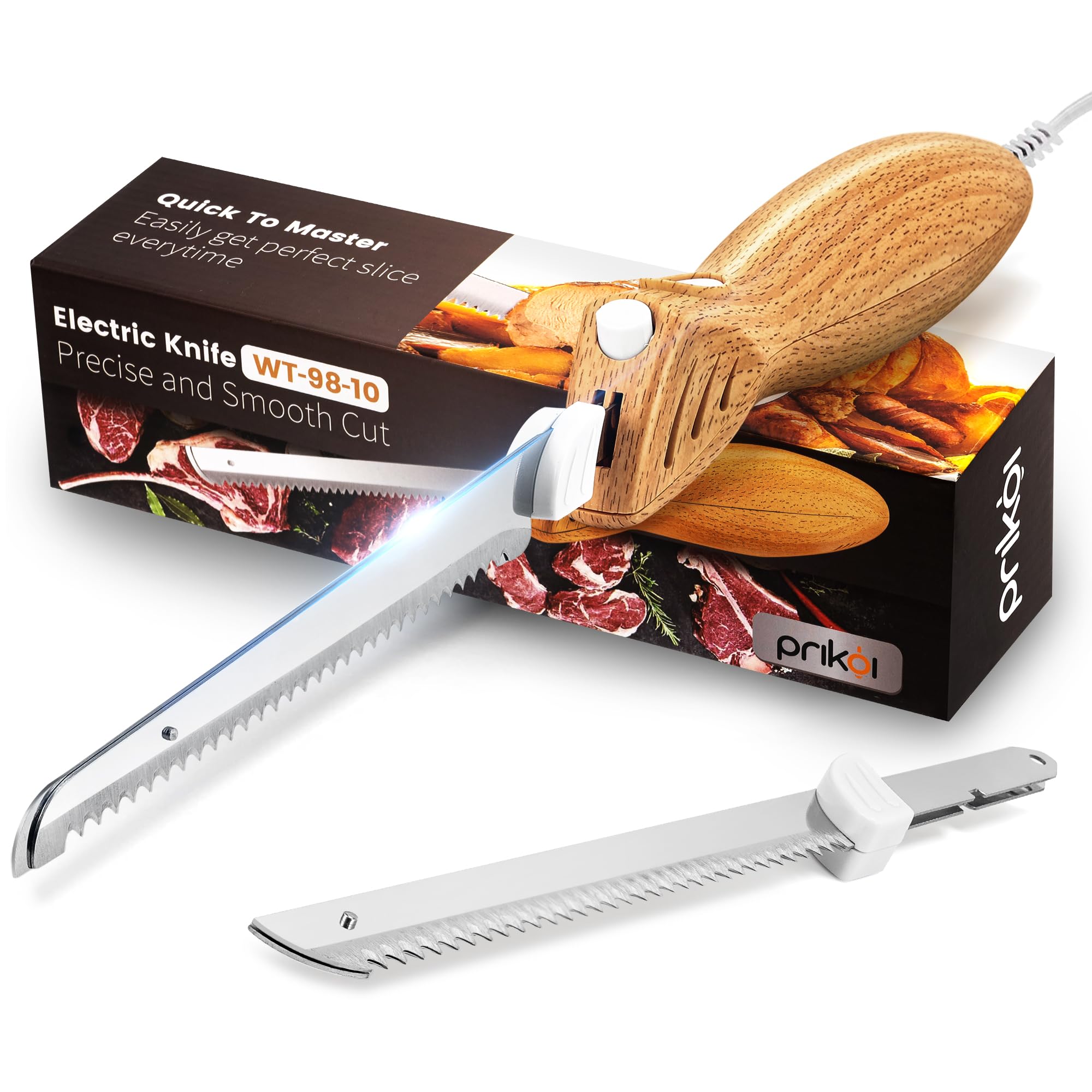 Prikoi Electric Knife - Easy-Slice Serrated Edge Blades Carving Set for Meat, Bread, Turkey, Ribs, Fillet, DIY, Ergonomic Handle + 2 Blades for Raw & Cooked Food(Faux Wood)