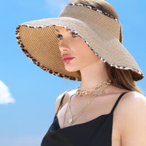 Womens Beach Straw Sun Hats Ponytail Hole Wide Brim Summer Visor Foldable Hat Sun Protection Packable for Travel Pool(One Size,Khaki with Leopard)